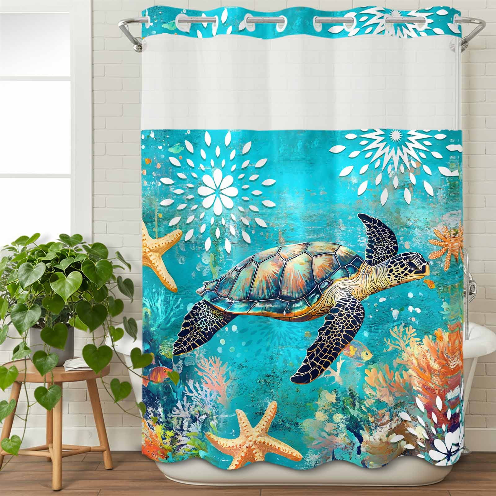 No Hook Shower Curtain with Snap in Liner, Turquoise Ocean Turtle ...