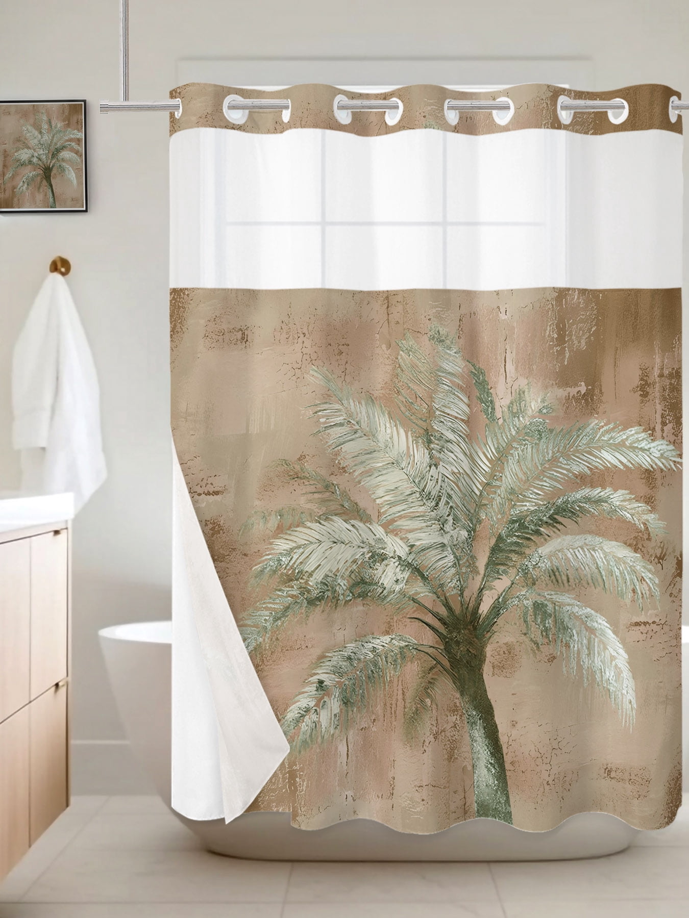 No Hook Shower Curtain with Snap in Liner, Vintage Abstract Green Palm ...