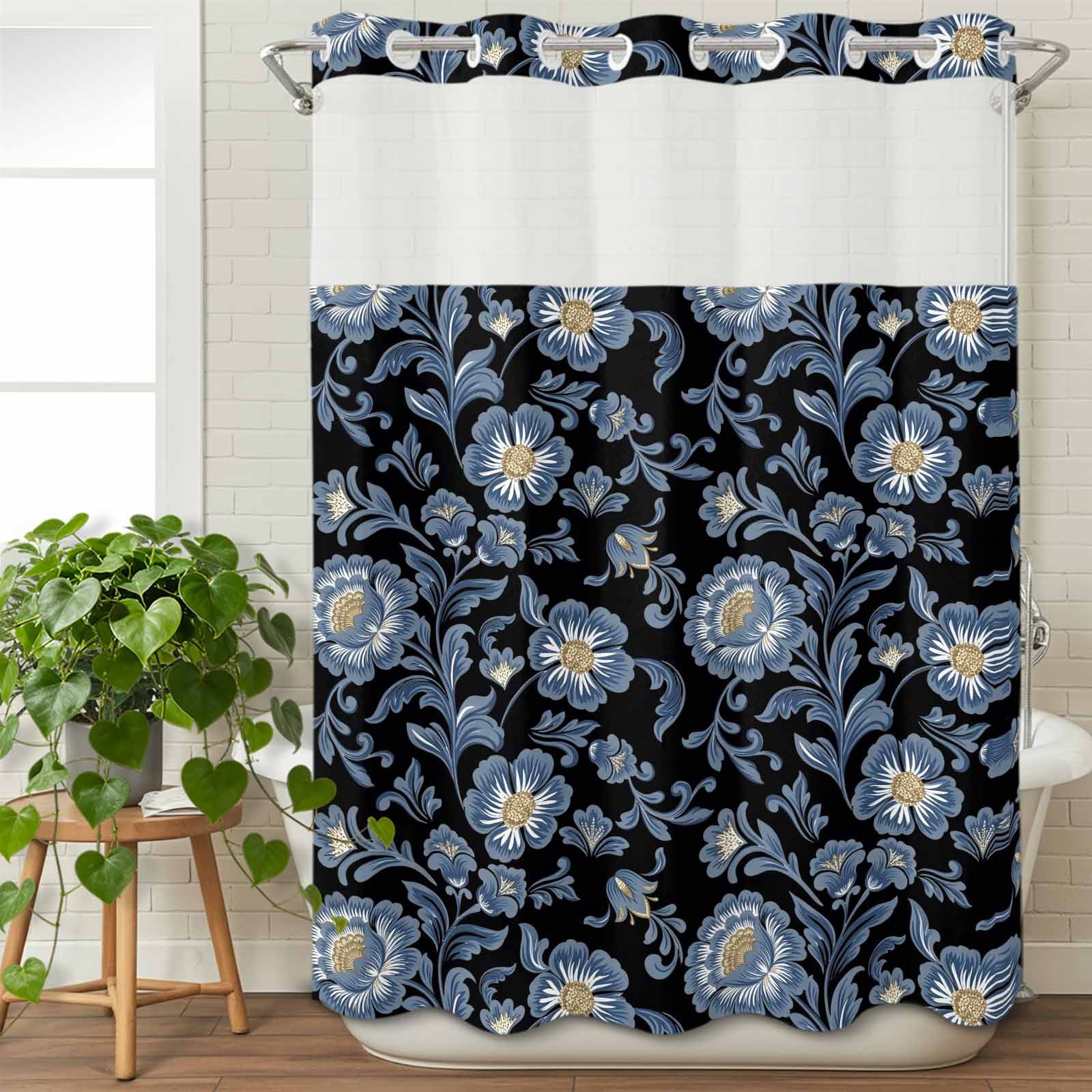 No Hook Shower Curtain with Snap in Liner, Vintage Farm Blossom Flower ...