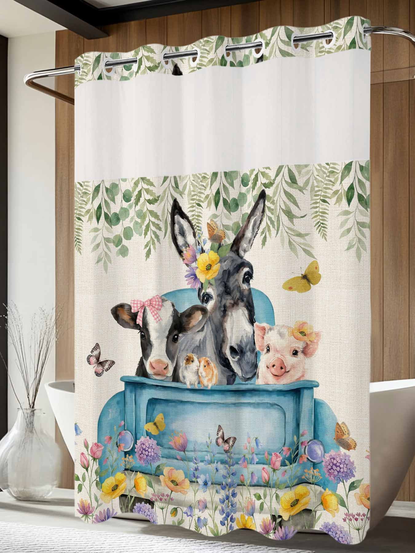 No Hook Shower Curtain with Snap in Liner, Vintage Farm Donkeys Pigs ...