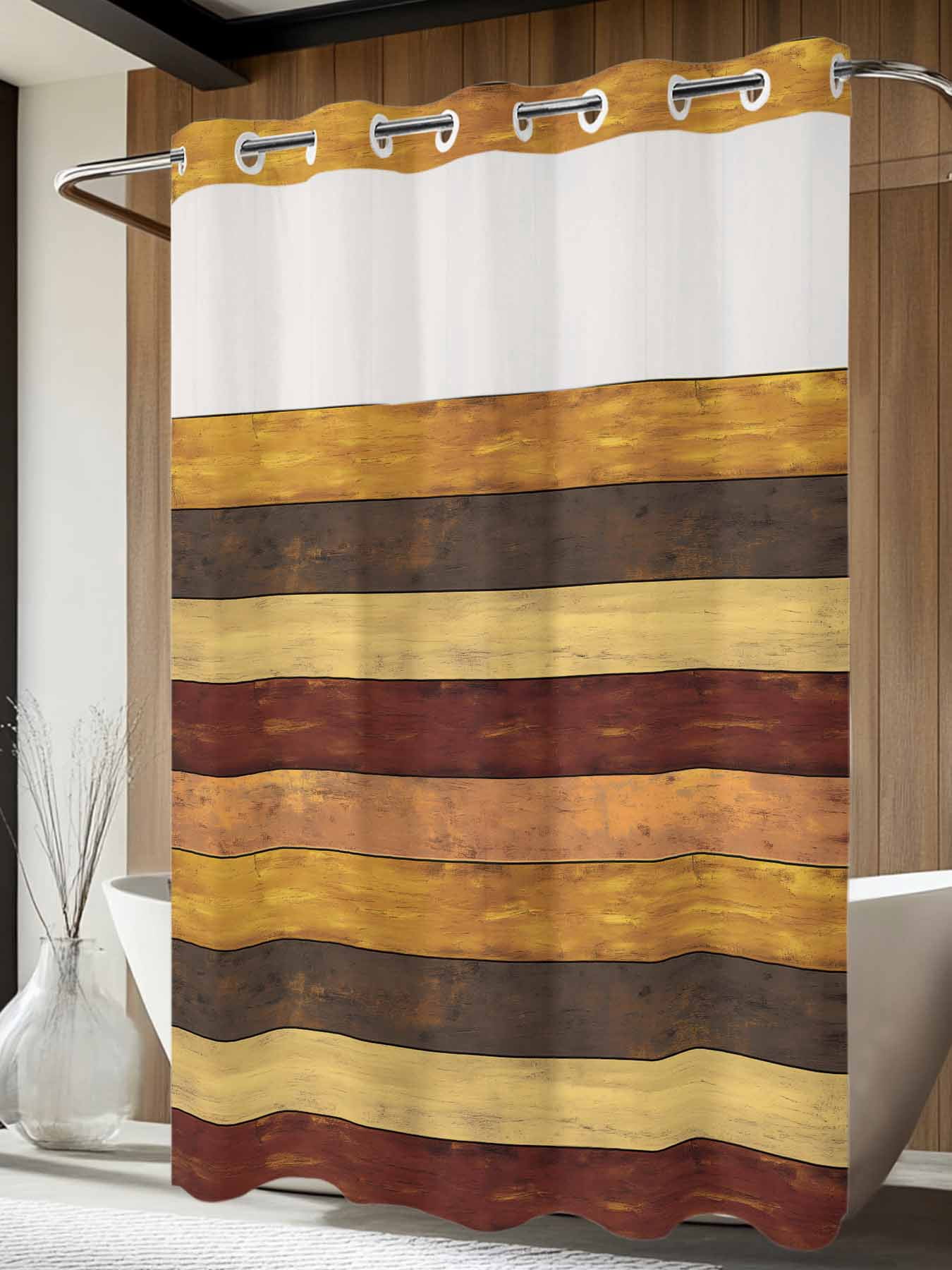 No Hook Shower Curtain with Snap in Liner, Vintage Farm Wood Plank ...