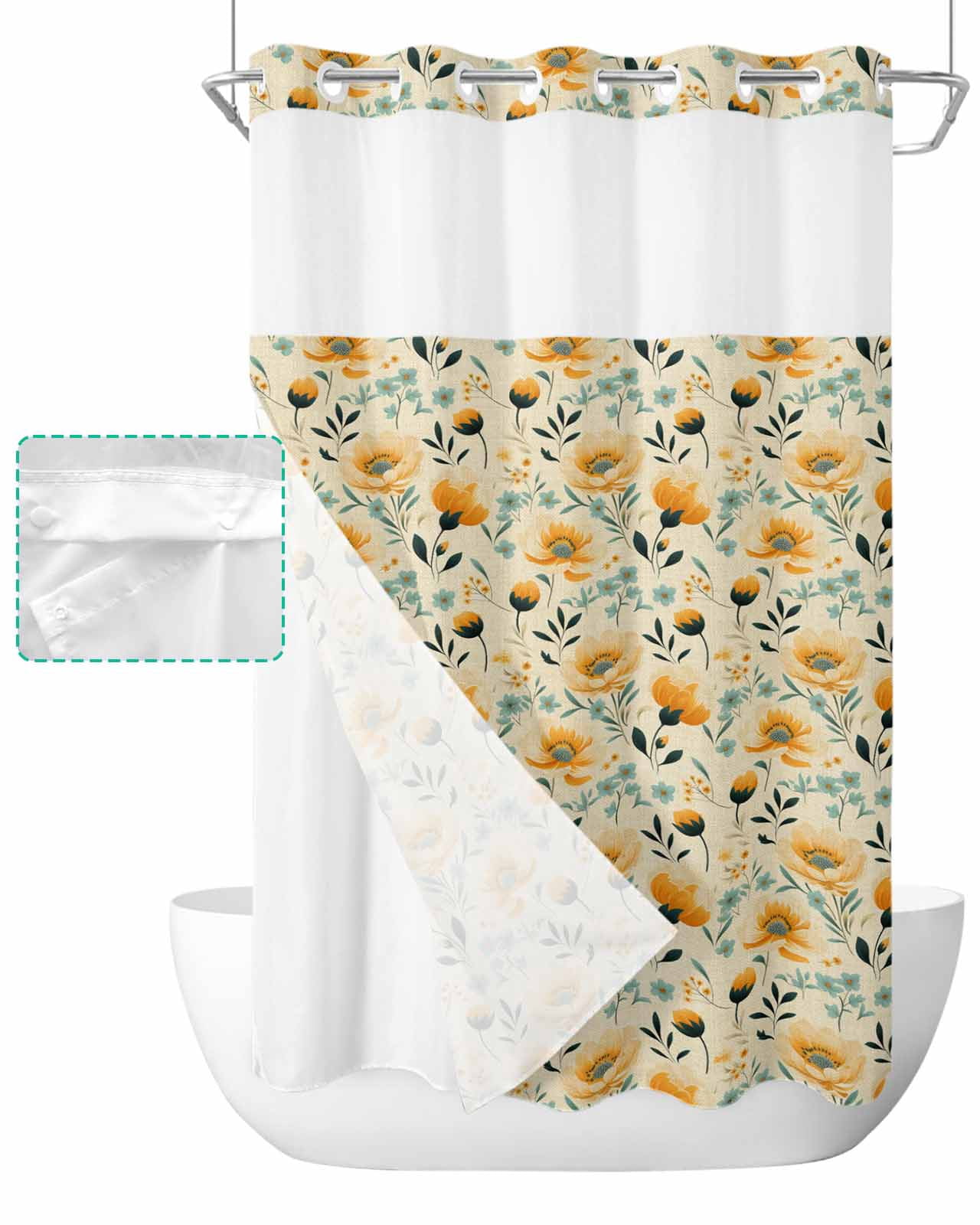 No Hook Shower Curtain with Snap in Liner, Vintage Flowers Blue Yellow ...