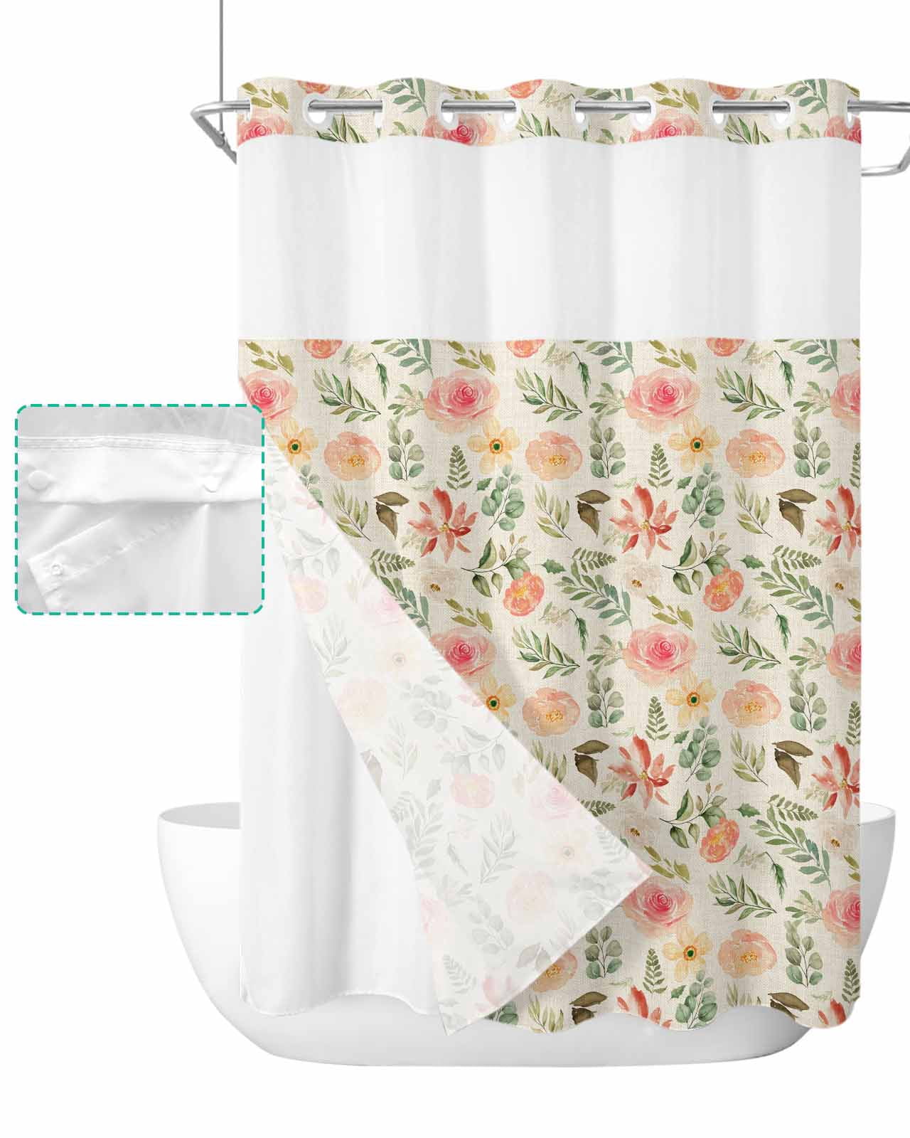 No Hook Shower Curtain with Snap in Liner, Vintage Flowers Watercolor ...