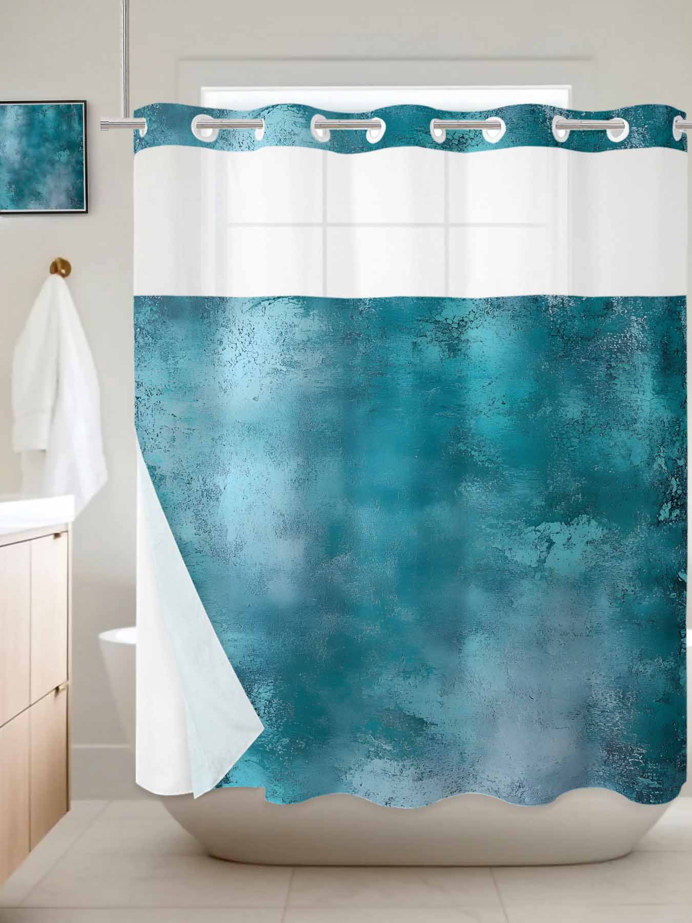 No Hook Shower Curtain with Snap in Liner, Vintage Gradient Teal ...