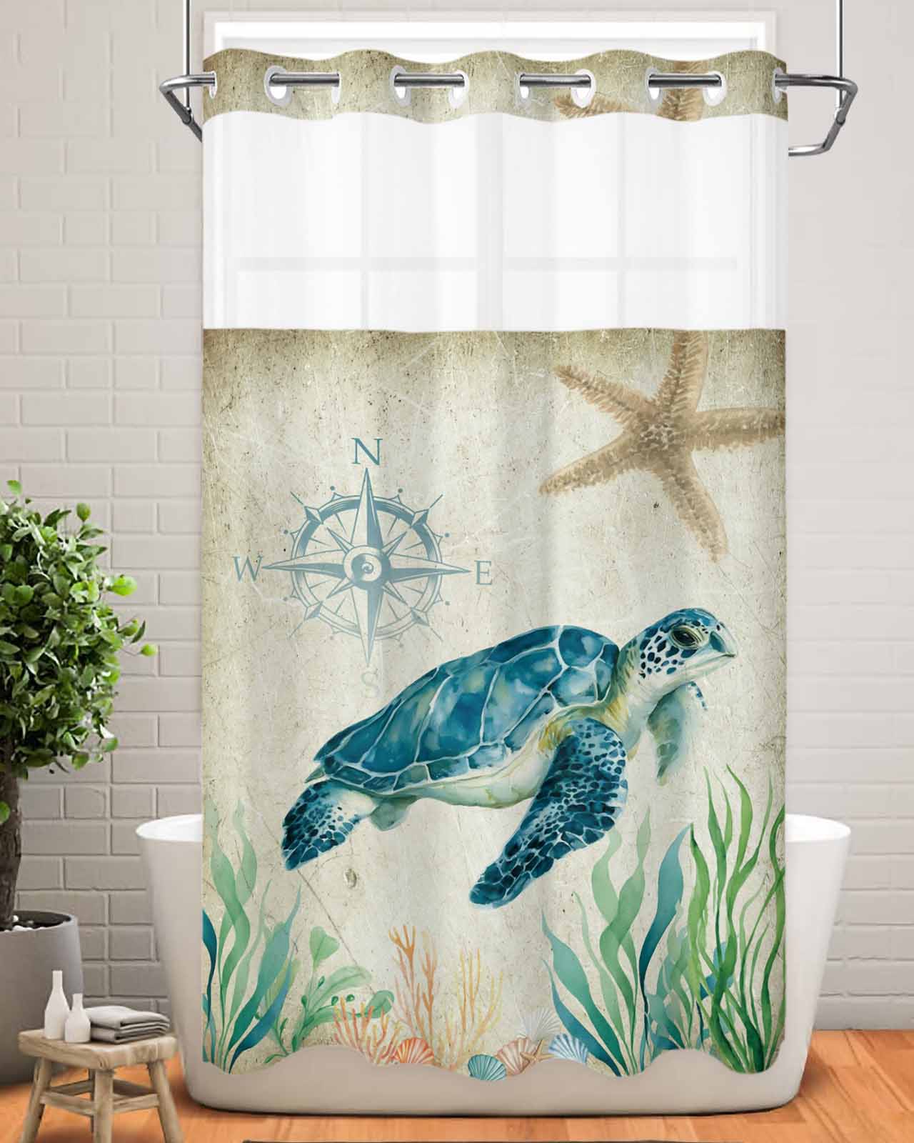 No Hook Shower Curtain with Snap in Liner,Vintage Nautical Sea Turtle ...