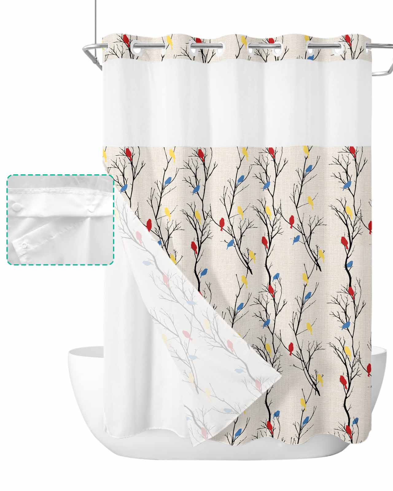 No Hook Shower Curtain with Snap in Liner, Vintage Red Blue Yellow ...