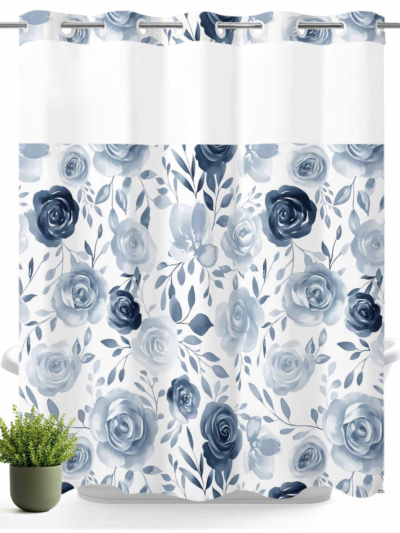 No Hook Shower Curtain with Snap in Liner,Vintage Rose Flower Leaves ...