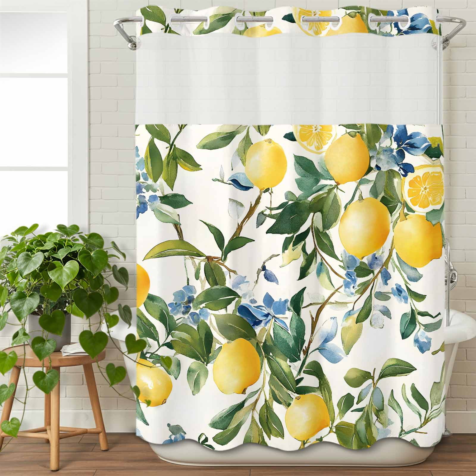 No Hook Shower Curtain with Snap in Liner, Vintage Summer Lemon Tree ...