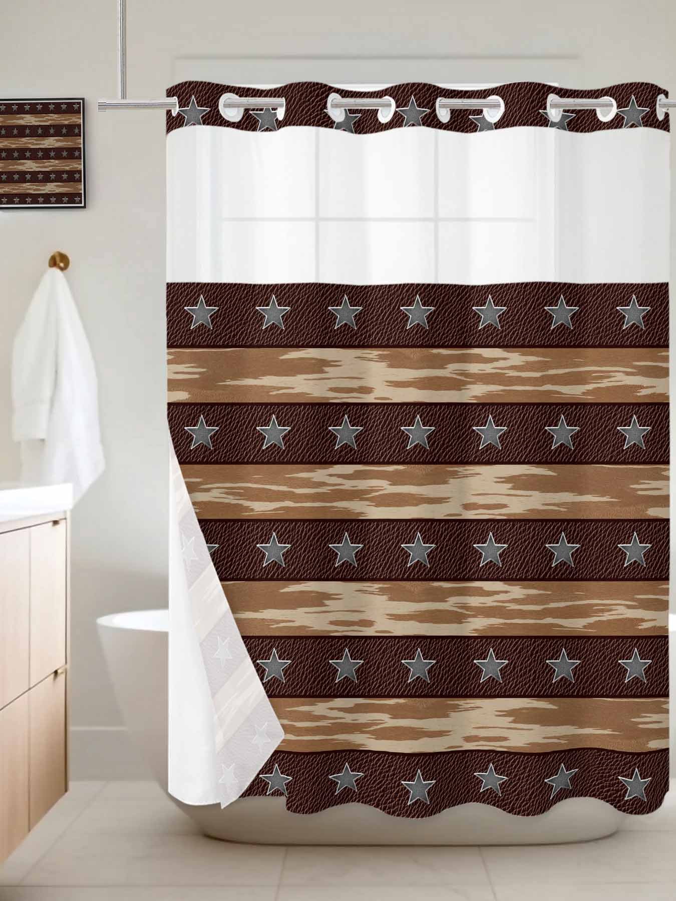No Hook Shower Curtain with Snap in Liner, Vintage Western Star Wood ...