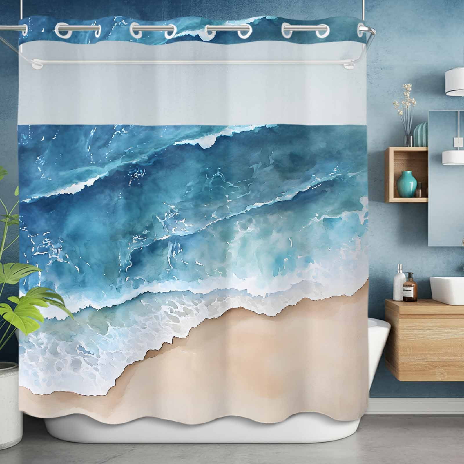 No Hook Shower Curtain with Snap in Liner, Watercolor Abstract Coastal ...