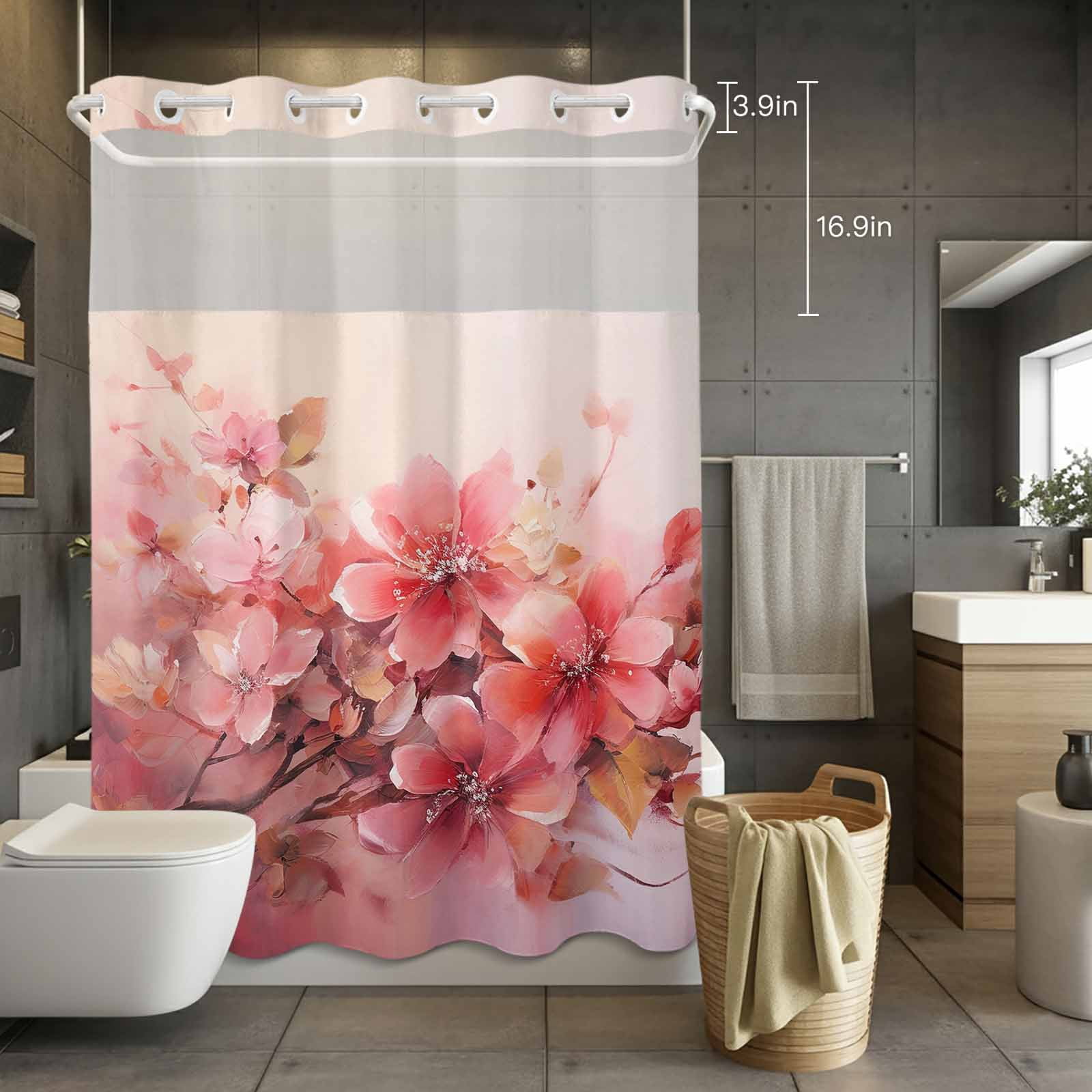 No Hook Shower Curtain with Snap in Liner, Watercolor Blossom Pink ...