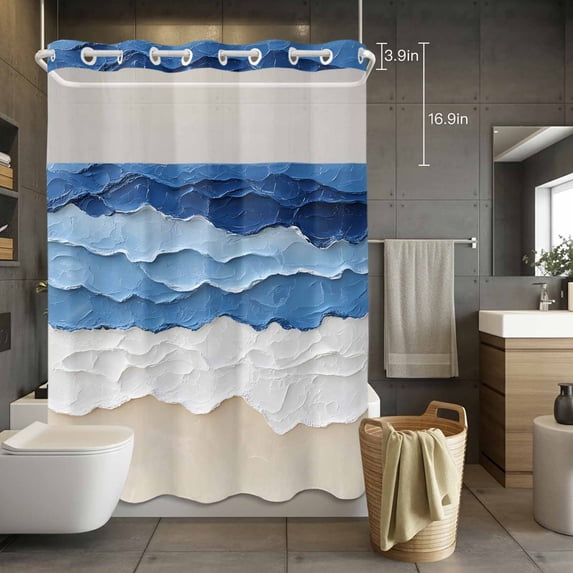 No Hook Shower Curtain with Snap in Liner, Watercolor Coastal Blue ...