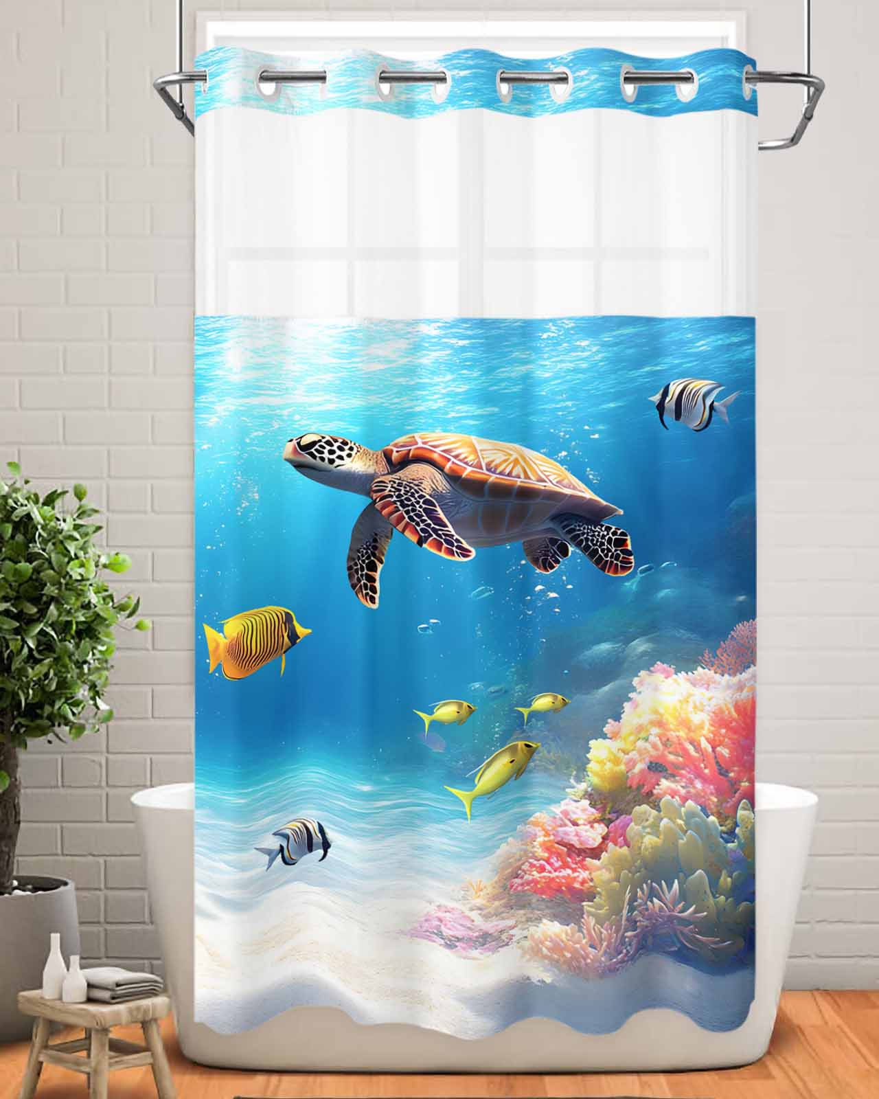 No Hook Shower Curtain with Snap in Liner,Watercolor Coral Sea Turtle ...