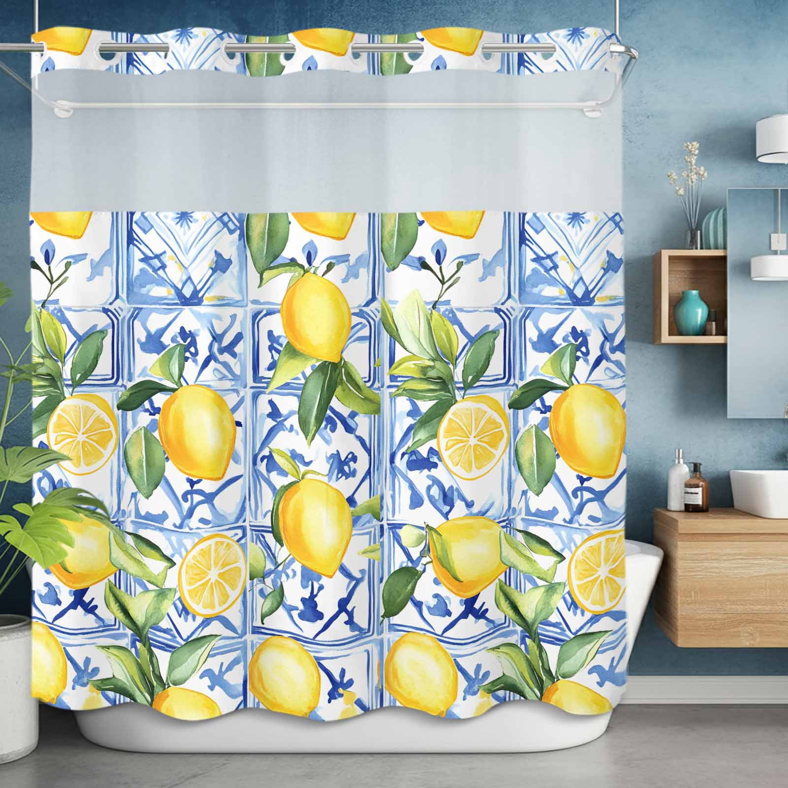 No Hook Shower Curtain with Snap in Liner, Watercolor Farm Lemon Green ...