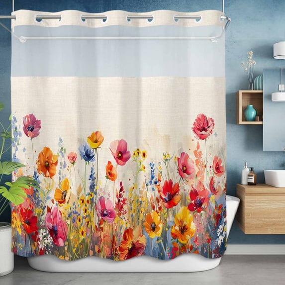 No Hook Shower Curtain with Snap in Liner, Watercolor Garden Blossom ...