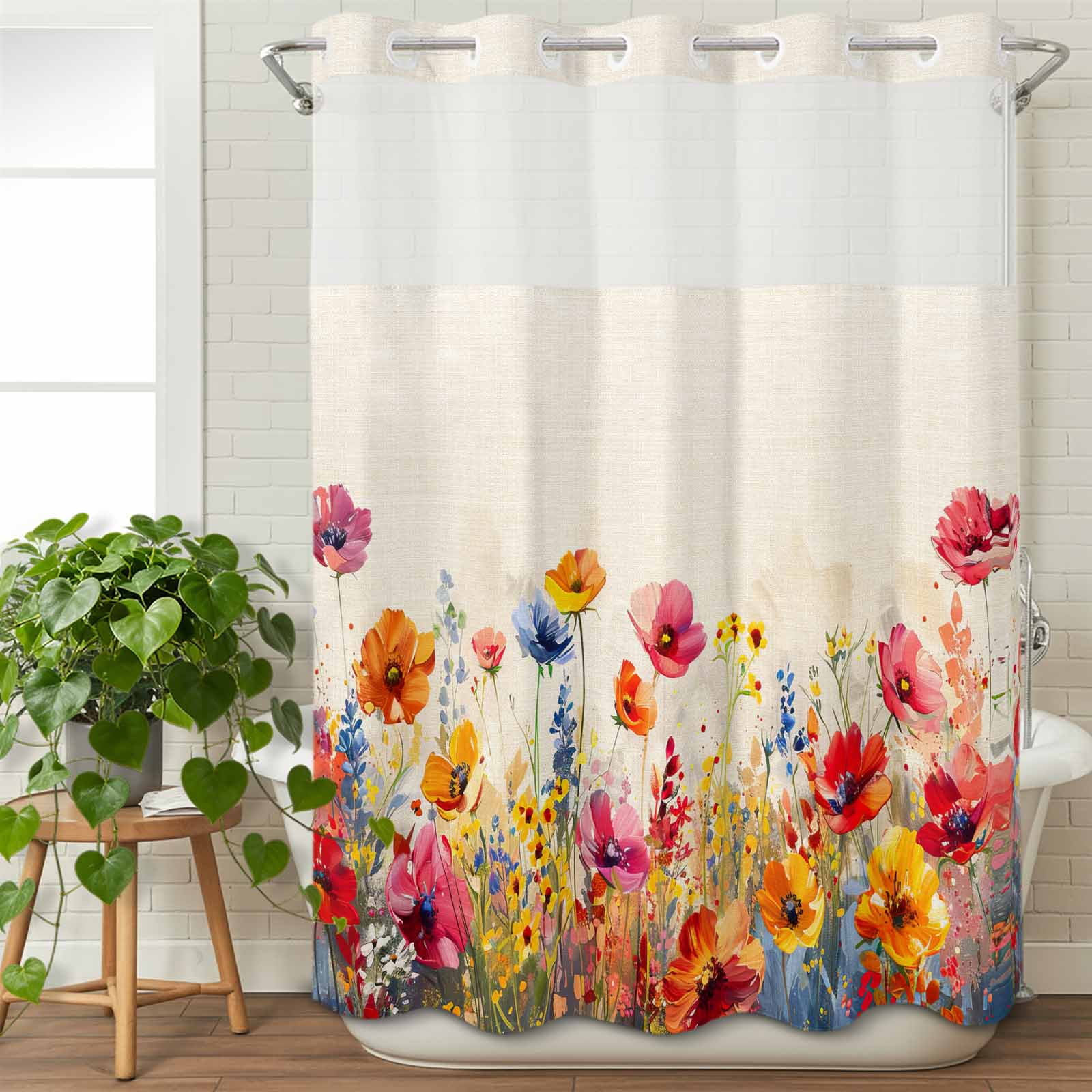 No Hook Shower Curtain with Snap in Liner, Watercolor Garden Blossom ...