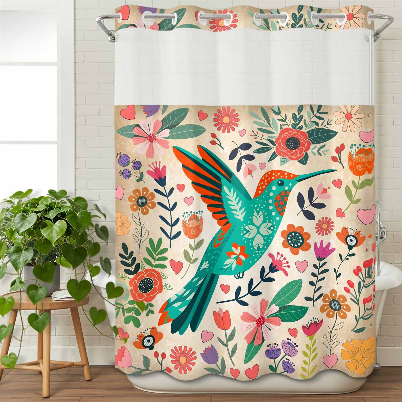 No Hook Shower Curtain with Snap in Liner, Watercolor Hummingbird ...