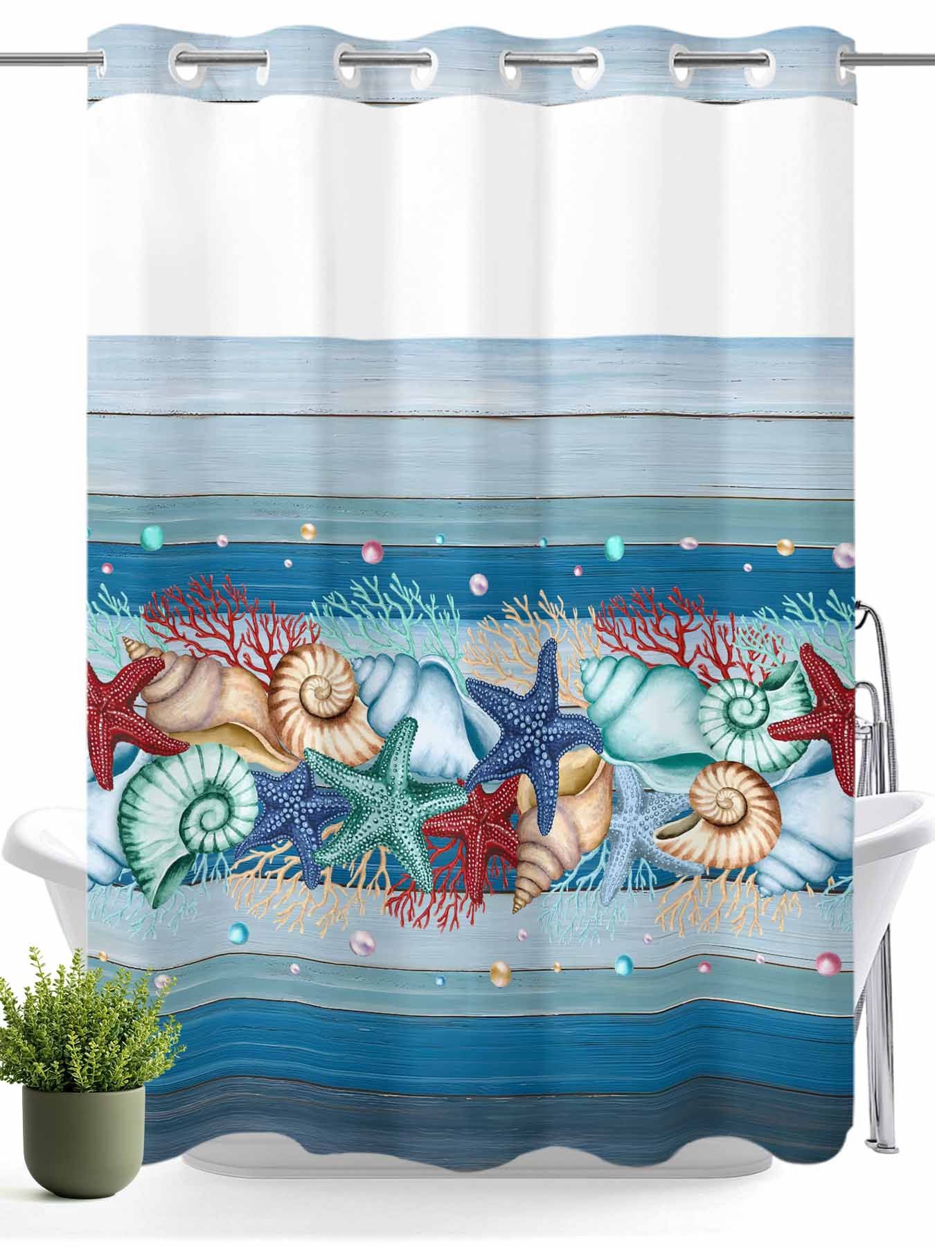 No Hook Shower Curtain with Snap in Liner,Watercolor Marine Life ...