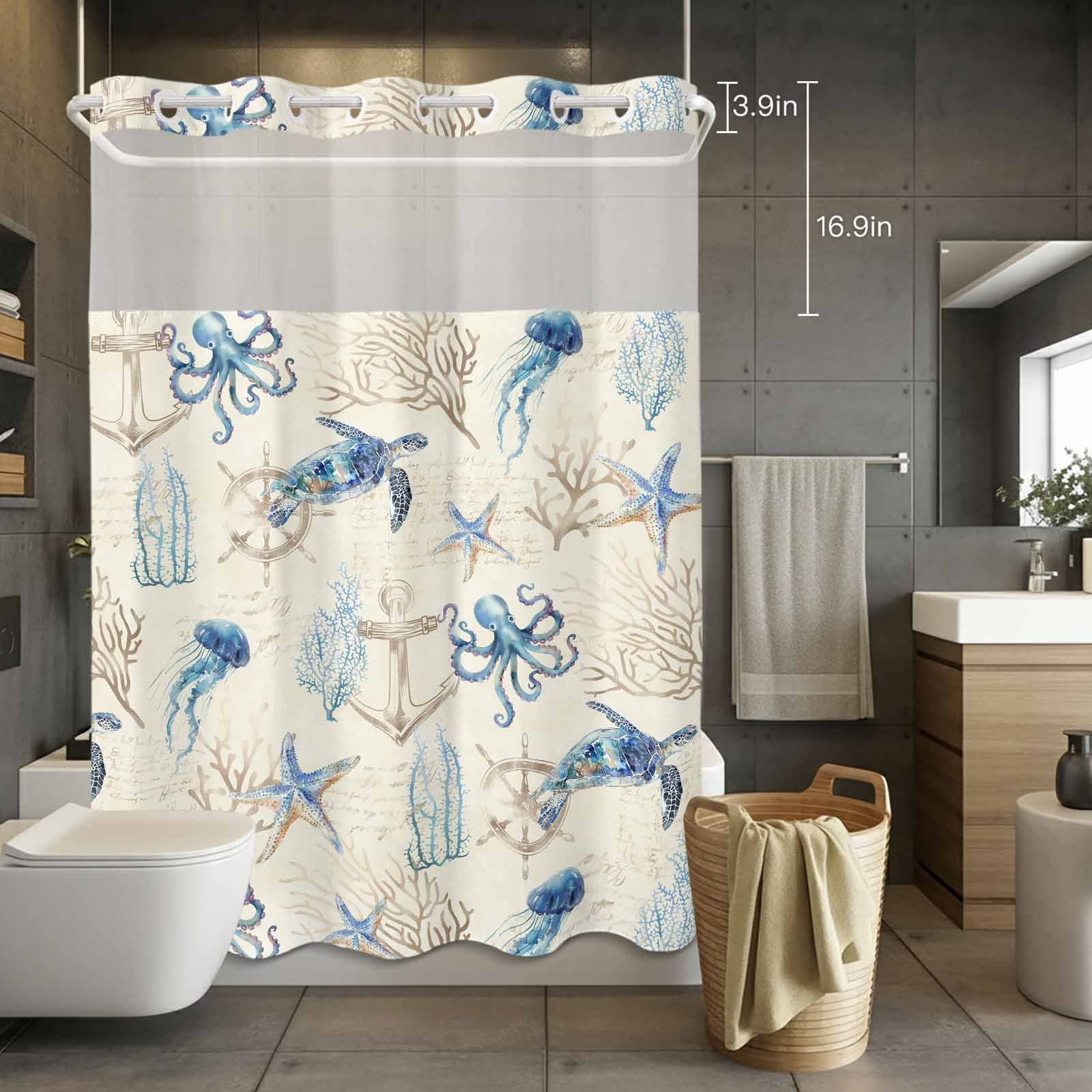 No Hook Shower Curtain with Snap in Liner, Watercolor Marine Life ...