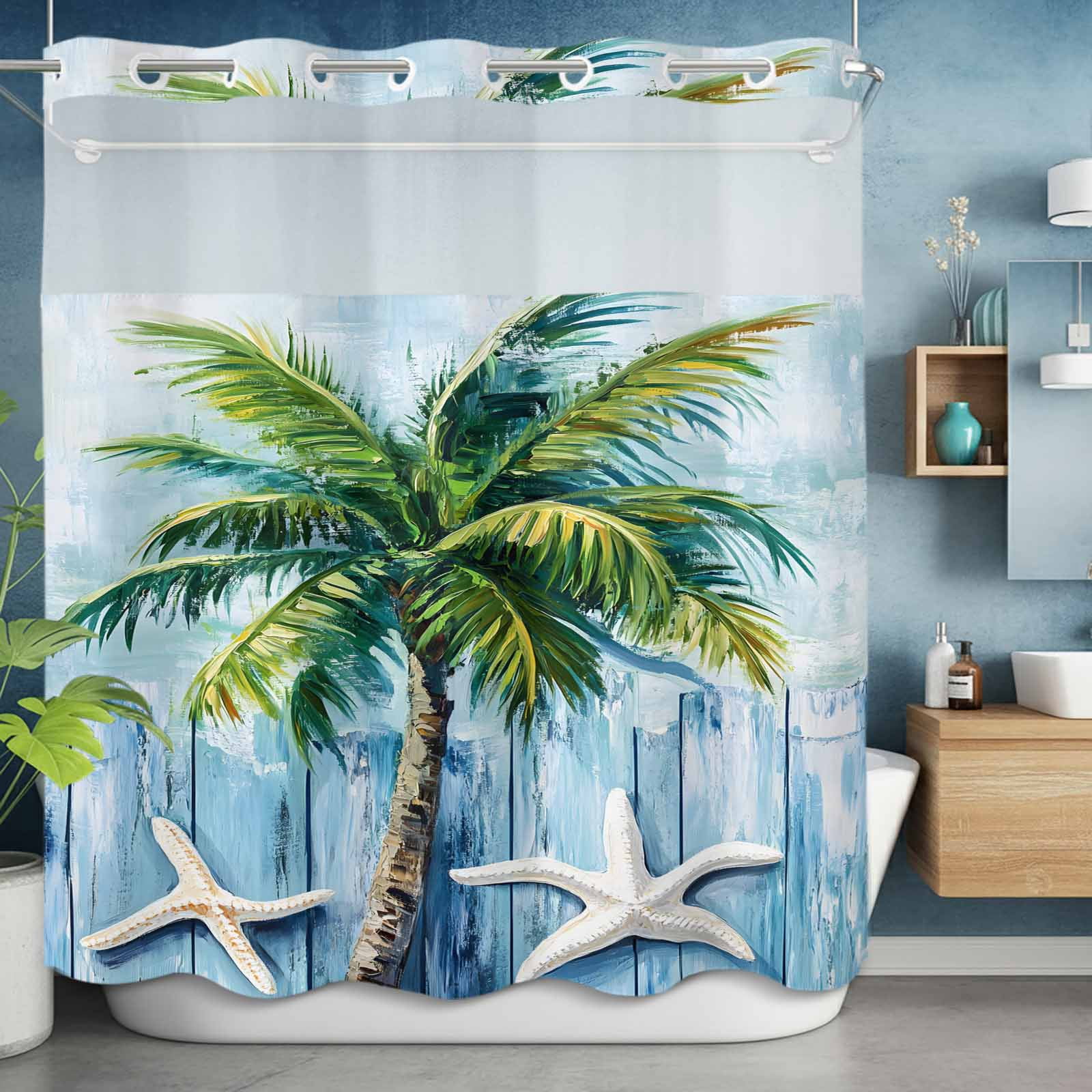 No Hook Shower Curtain with Snap in Liner, Watercolor Ocean Coconut ...