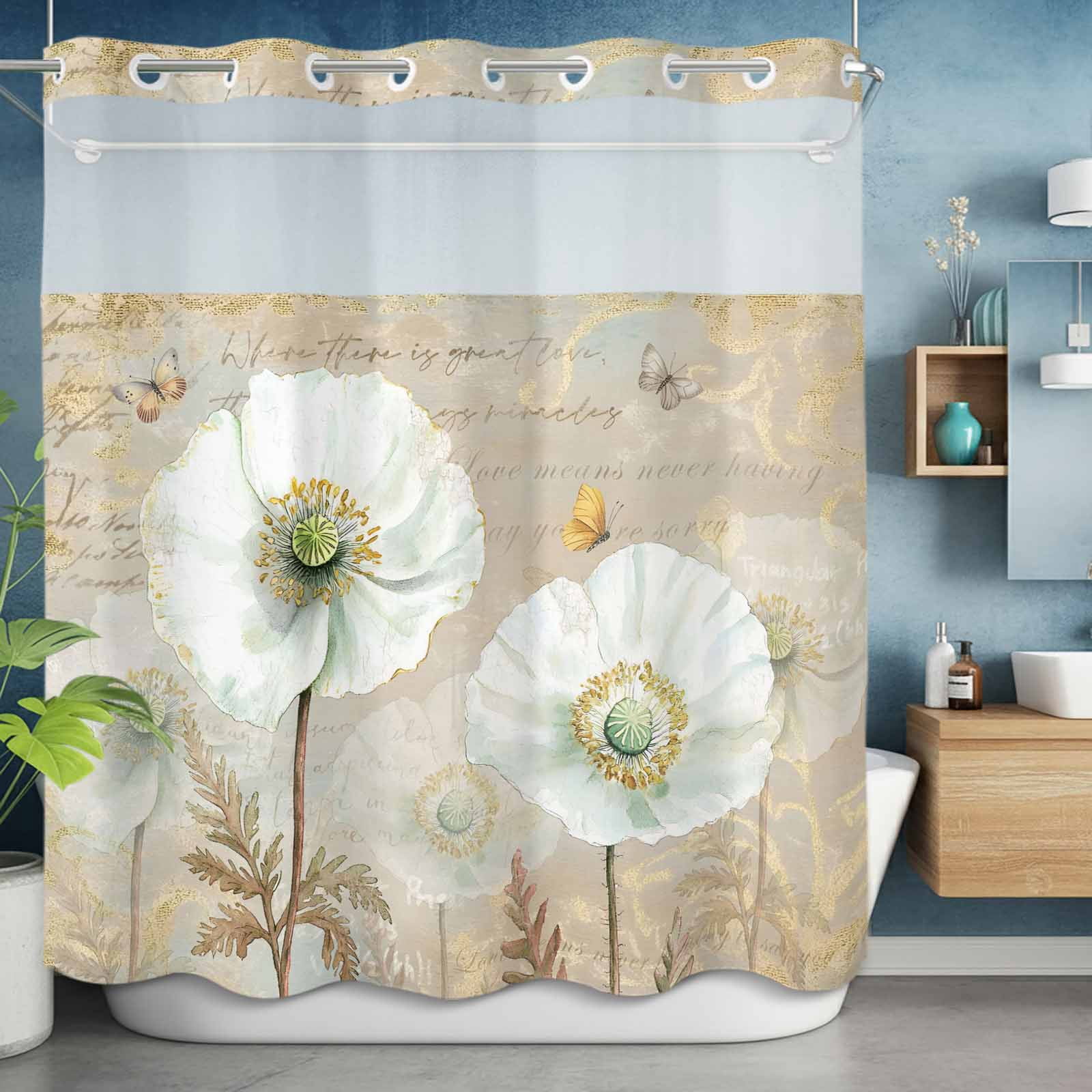 No Hook Shower Curtain with Snap in Liner, Watercolor Peony Country ...