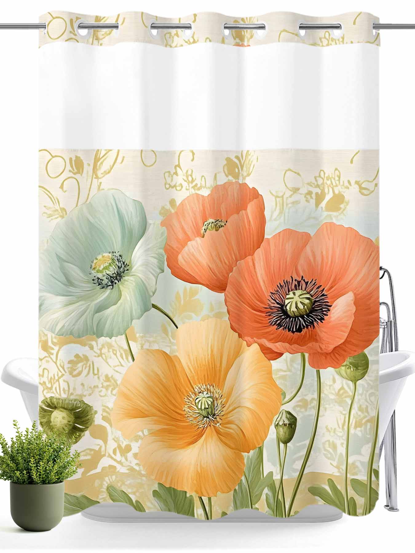 No Hook Shower Curtain with Snap in Liner,Watercolor Poppy Green Leaves ...