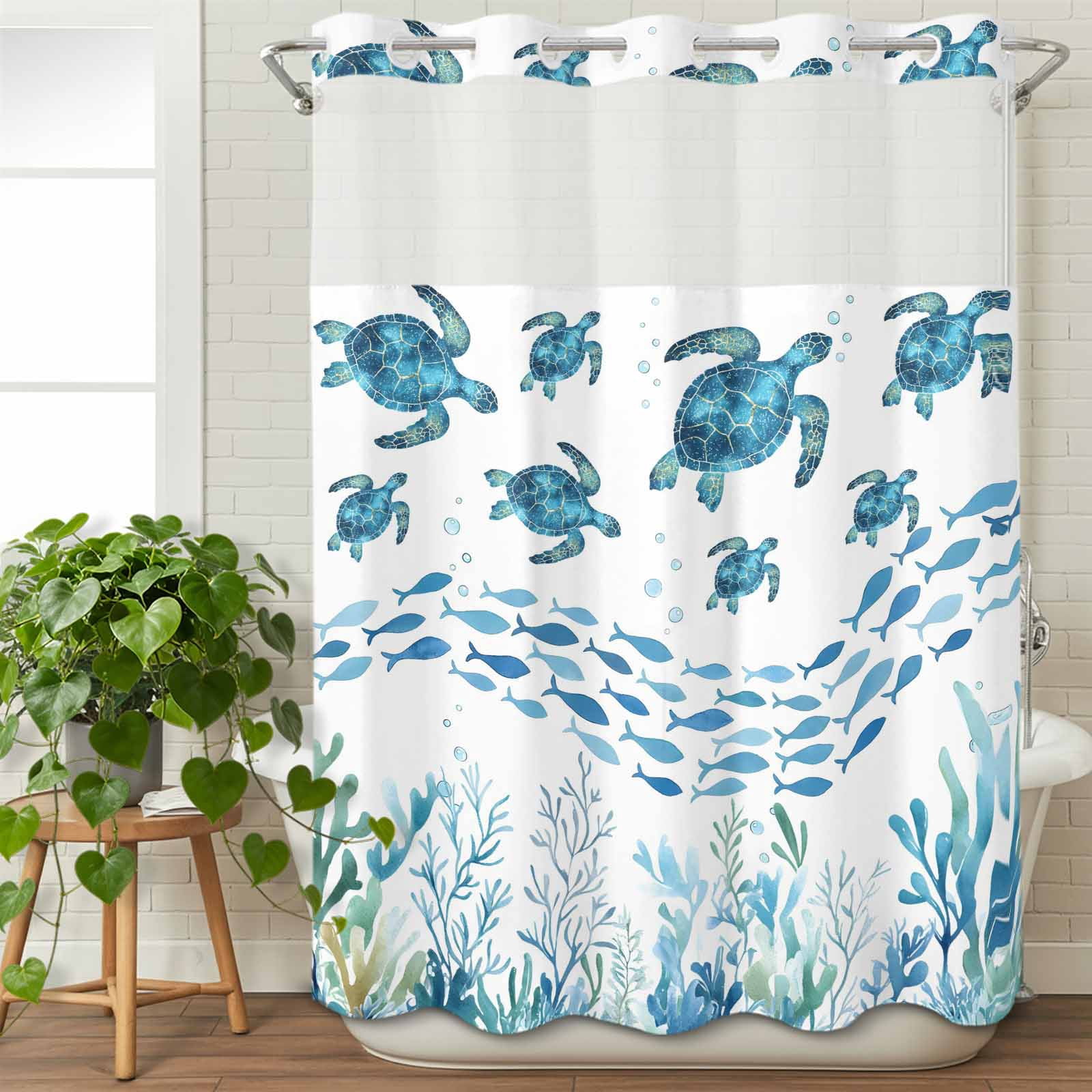 No Hook Shower Curtain with Snap in Liner, Watercolor Sea Turtle Fish ...