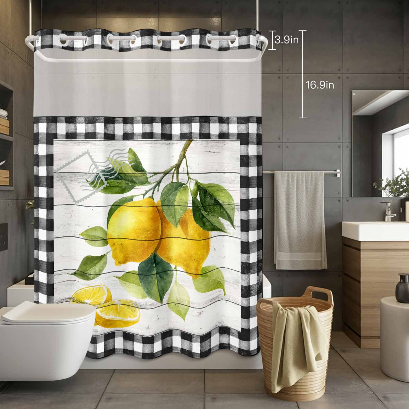 No Hook Shower Curtain with Snap in Liner, Watercolor Spring Lemon ...