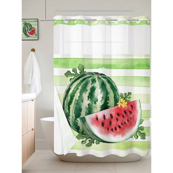 No Hook Shower Curtain with Snap in Liner, Watermelon on Green Strips ...