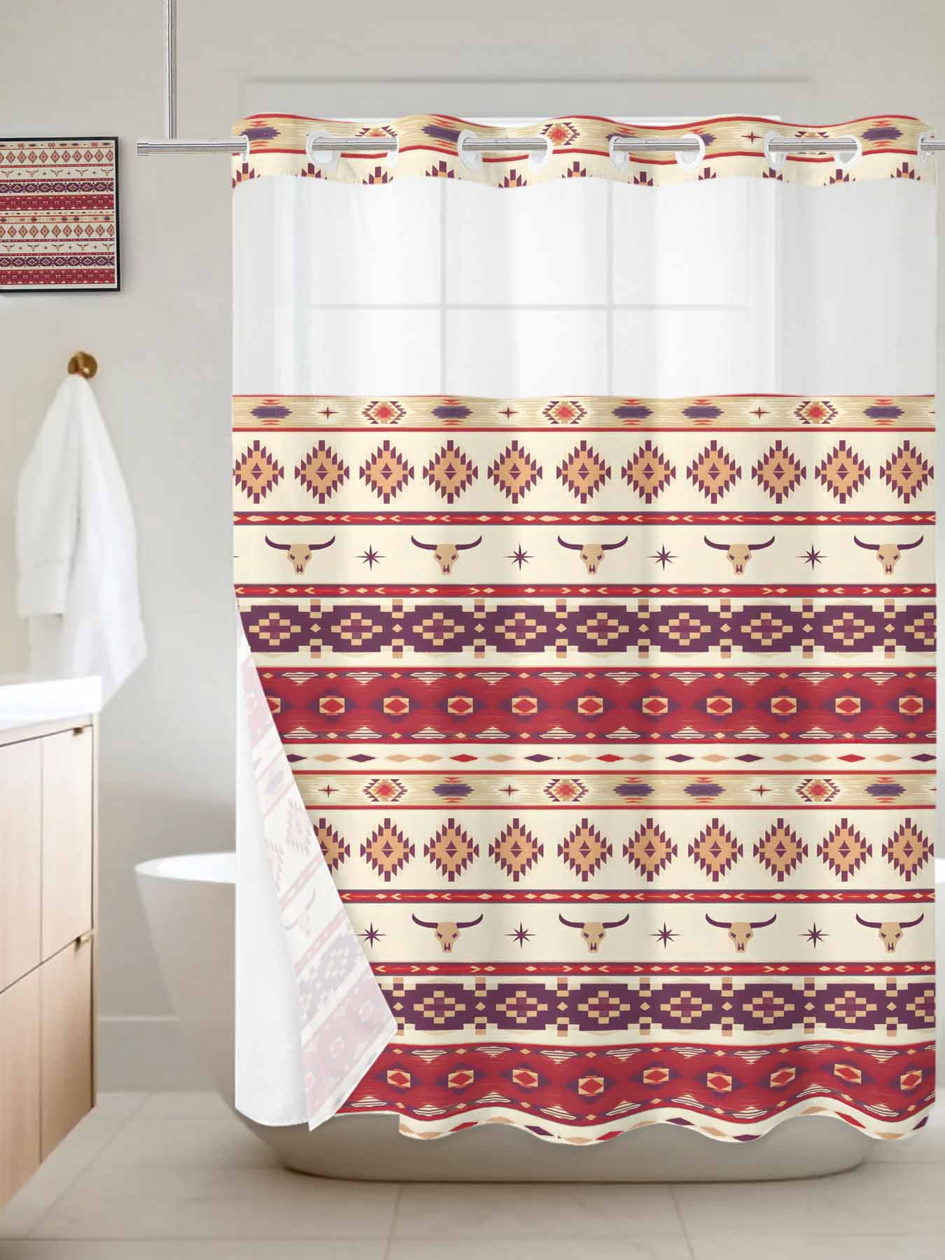 No Hook Shower Curtain with Snap in Liner, Western Geometric Pattern ...