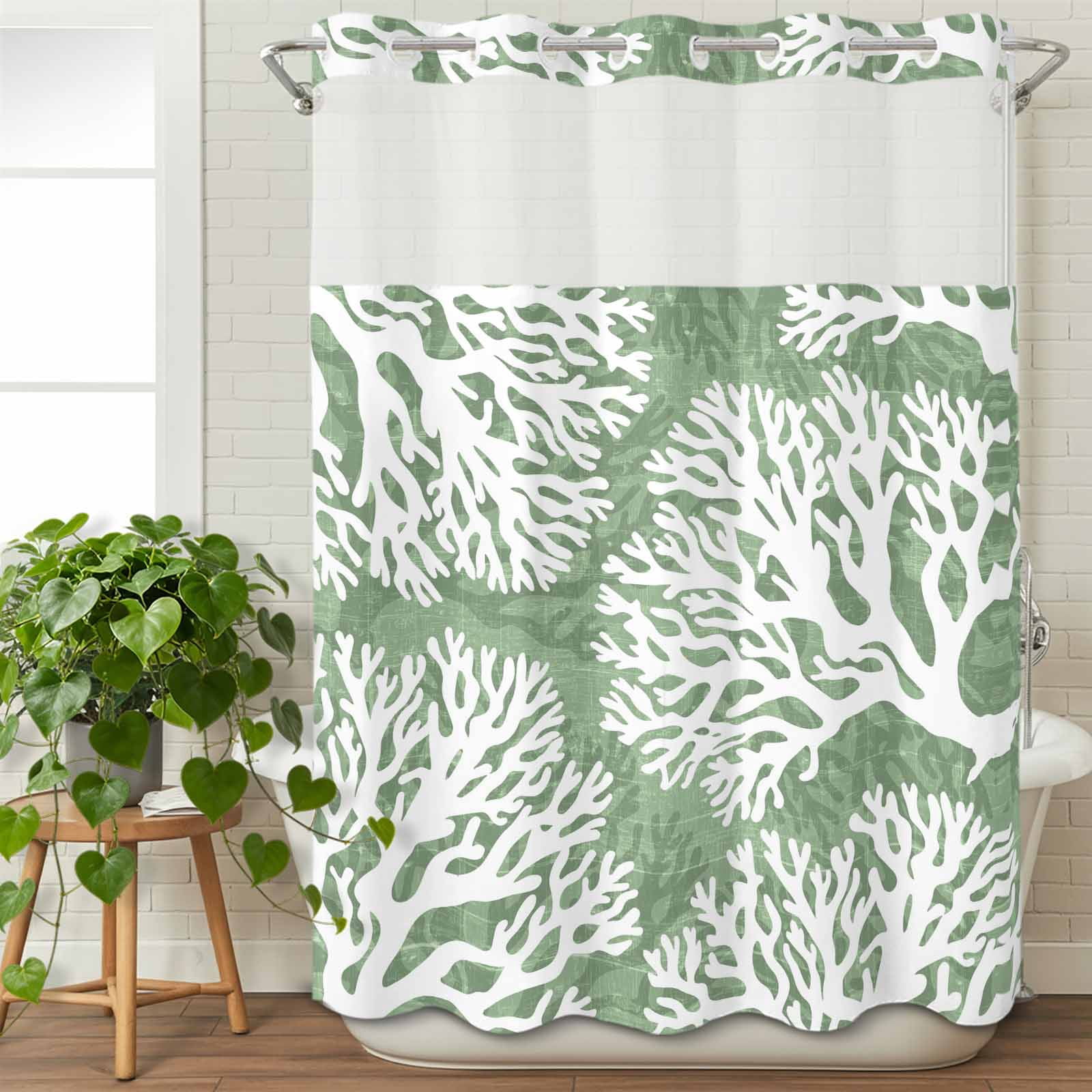 No Hook Shower Curtain with Snap in Liner, White Marine Life Sea Coral ...