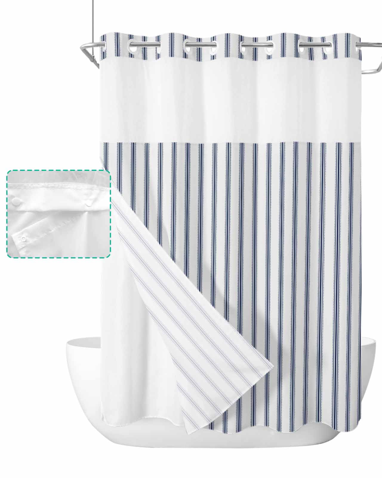 No Hook Shower Curtain with Snap in Liner, White and Navy Blue Striped Geometric Hotel Shower ...