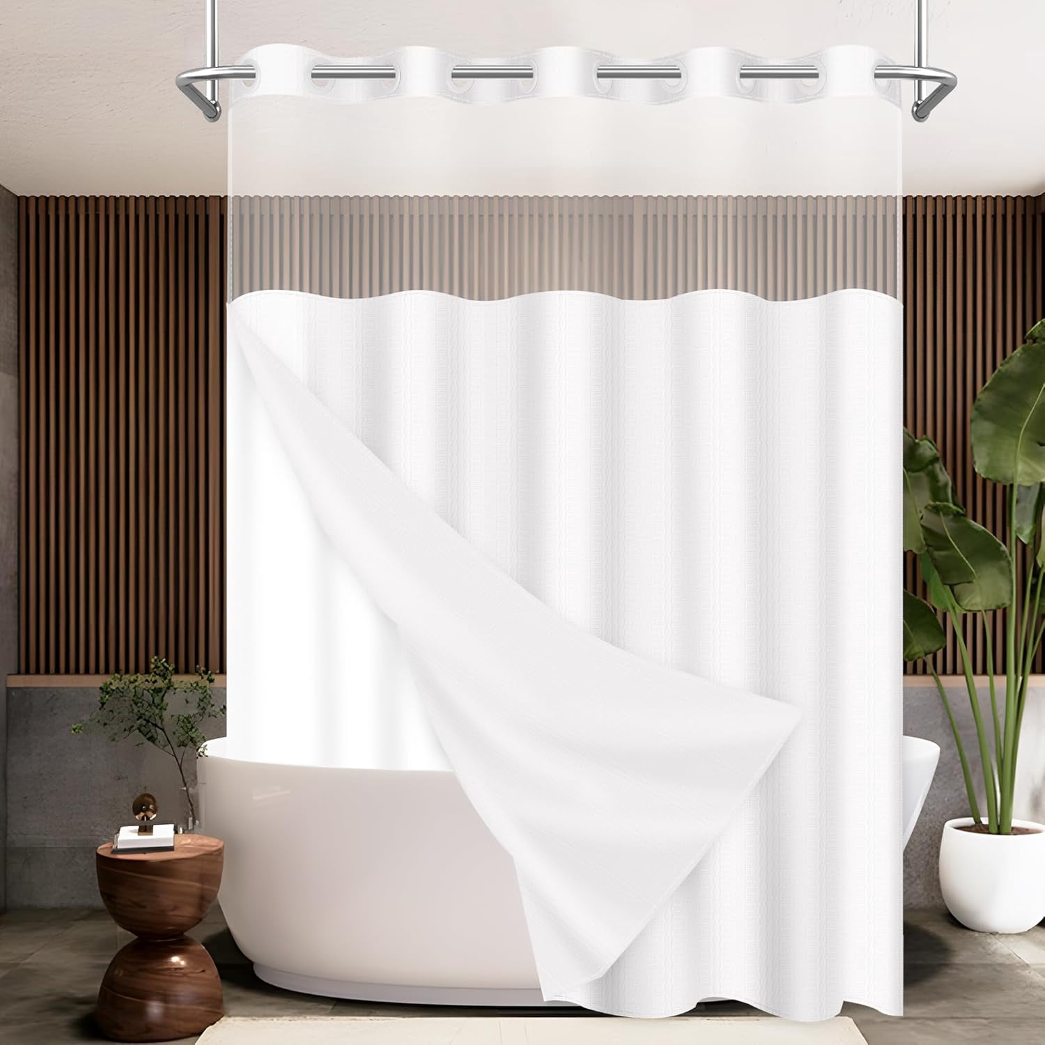 No Hook Shower Curtain with Snap in Liner, White Waffle Weave Heavy ...
