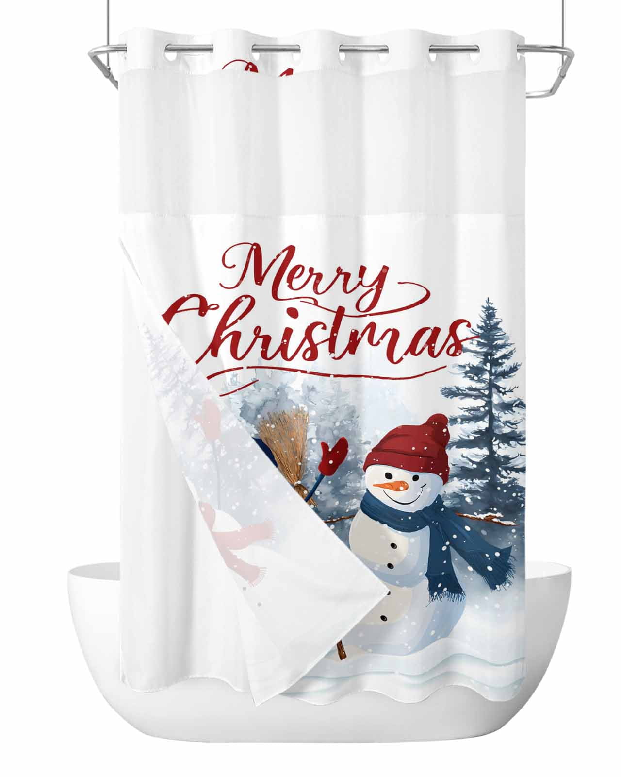 No Hook Shower Curtain with Snap in Liner,Winter Snowman Winter ...