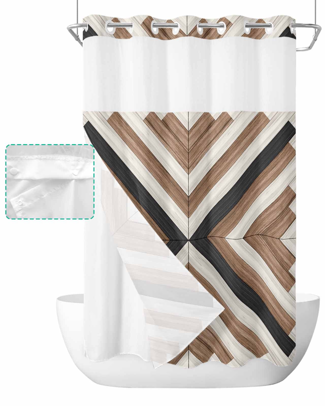 No Hook Shower Curtain with Snap in Liner, Wood Grain Brown Boho ...