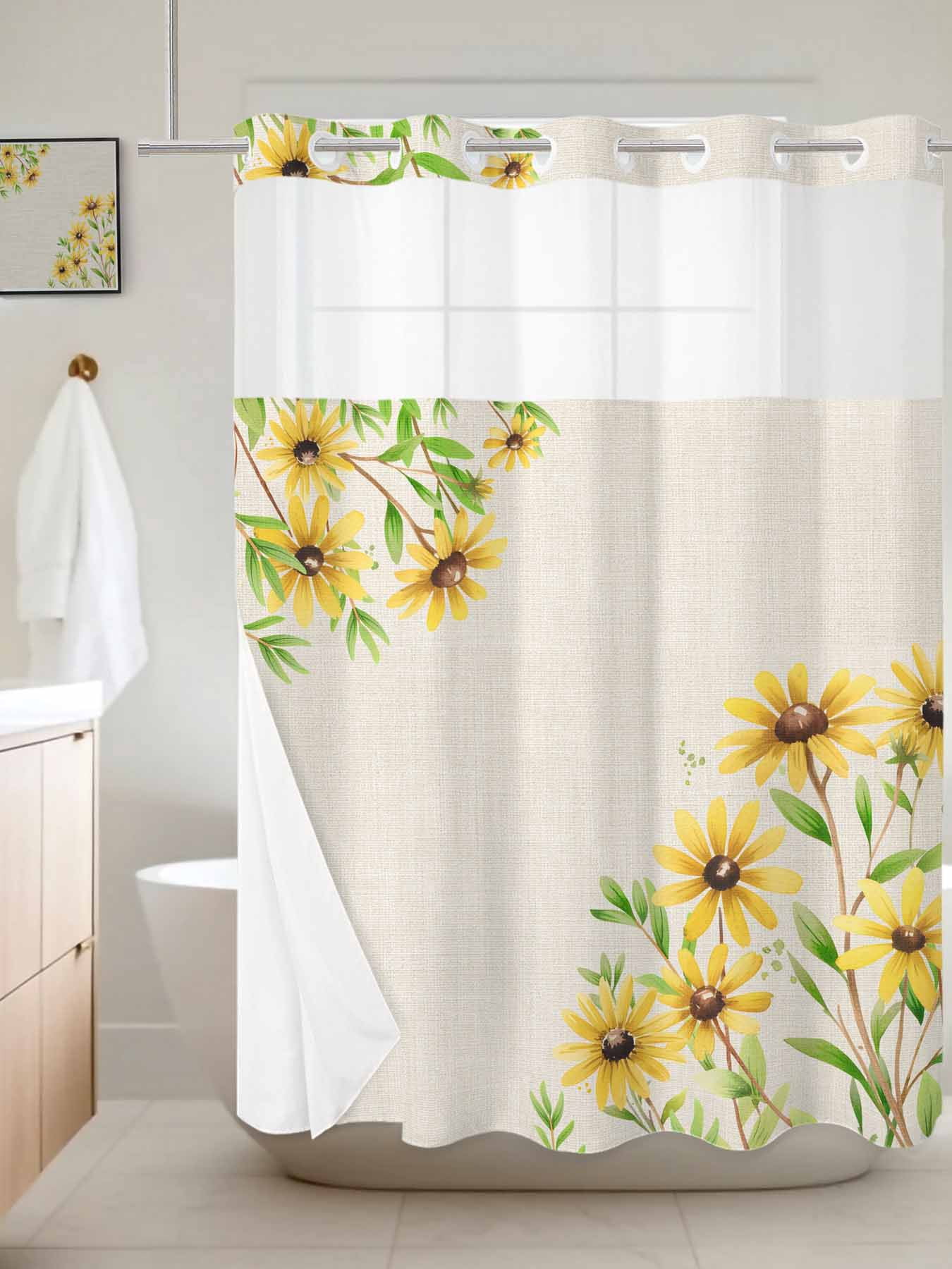 No Hook Shower Curtain with Snap in Liner, Yellow Daisy Flower Farm ...
