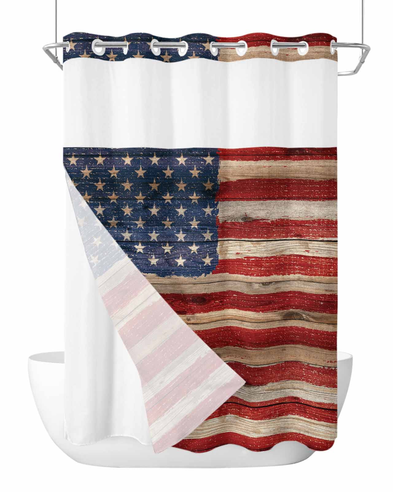 No Hook Shower Curtain with Snap-in Liner, American Flag Waterproof ...
