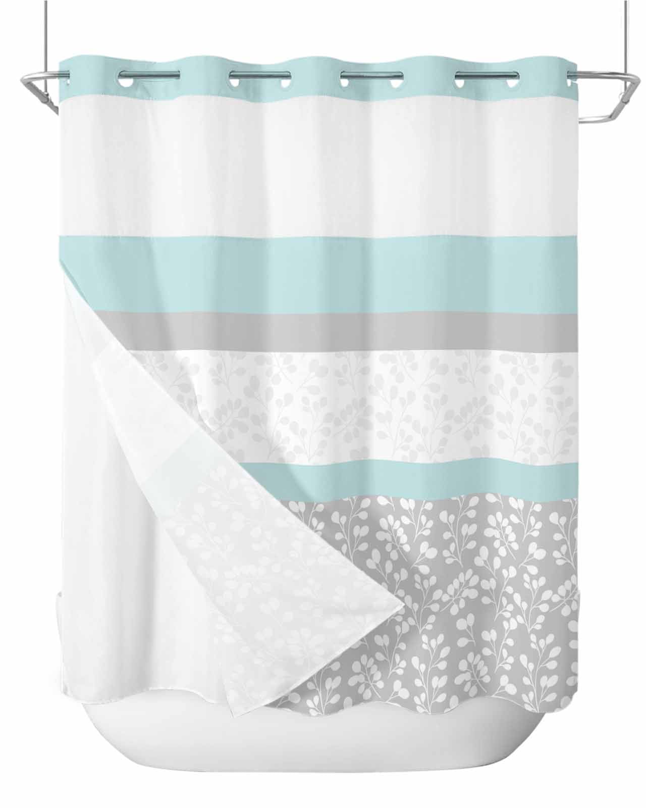 No Hook Shower Curtain with Snap-in Liner, Aqua Grey Waterproof Fabric ...