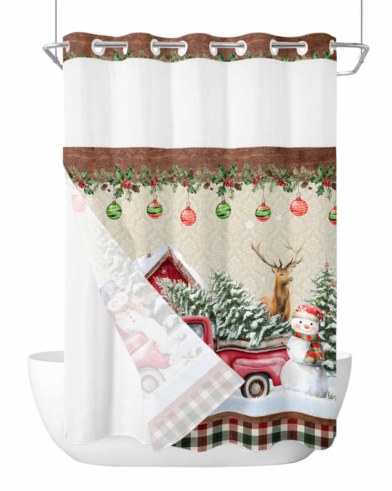 No Hook Shower Curtain with Snap-in Liner, Beige Christmas Waterproof ...