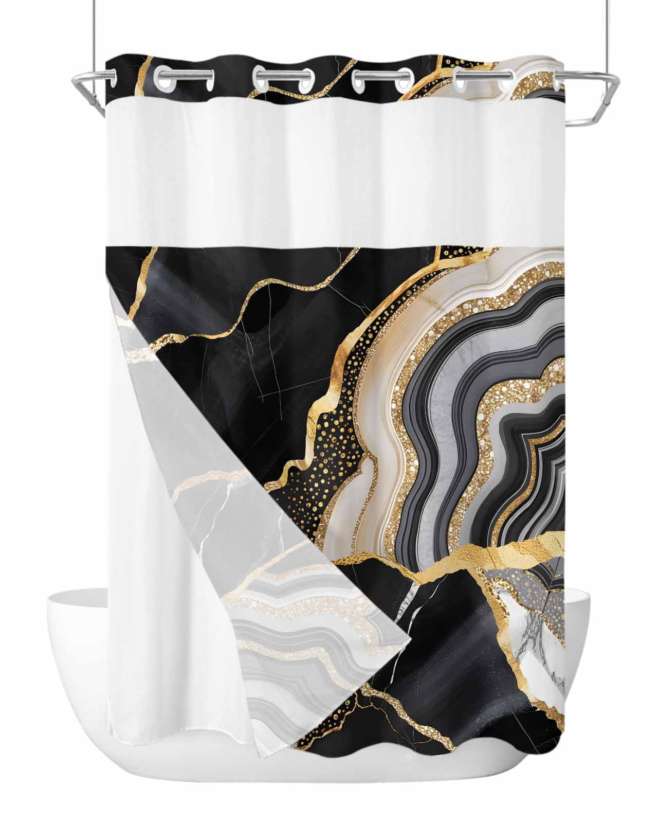 No Hook Shower Curtain with Snap-in Liner, Black Marble Waterproof ...
