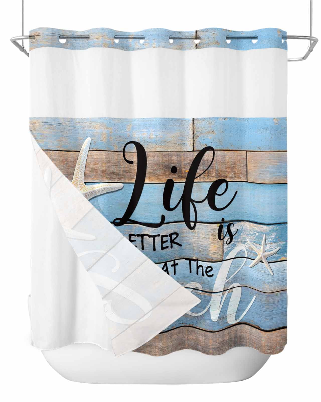 No Hook Shower Curtain with Snap-in Liner, Blue Beach Waterproof Fabric ...