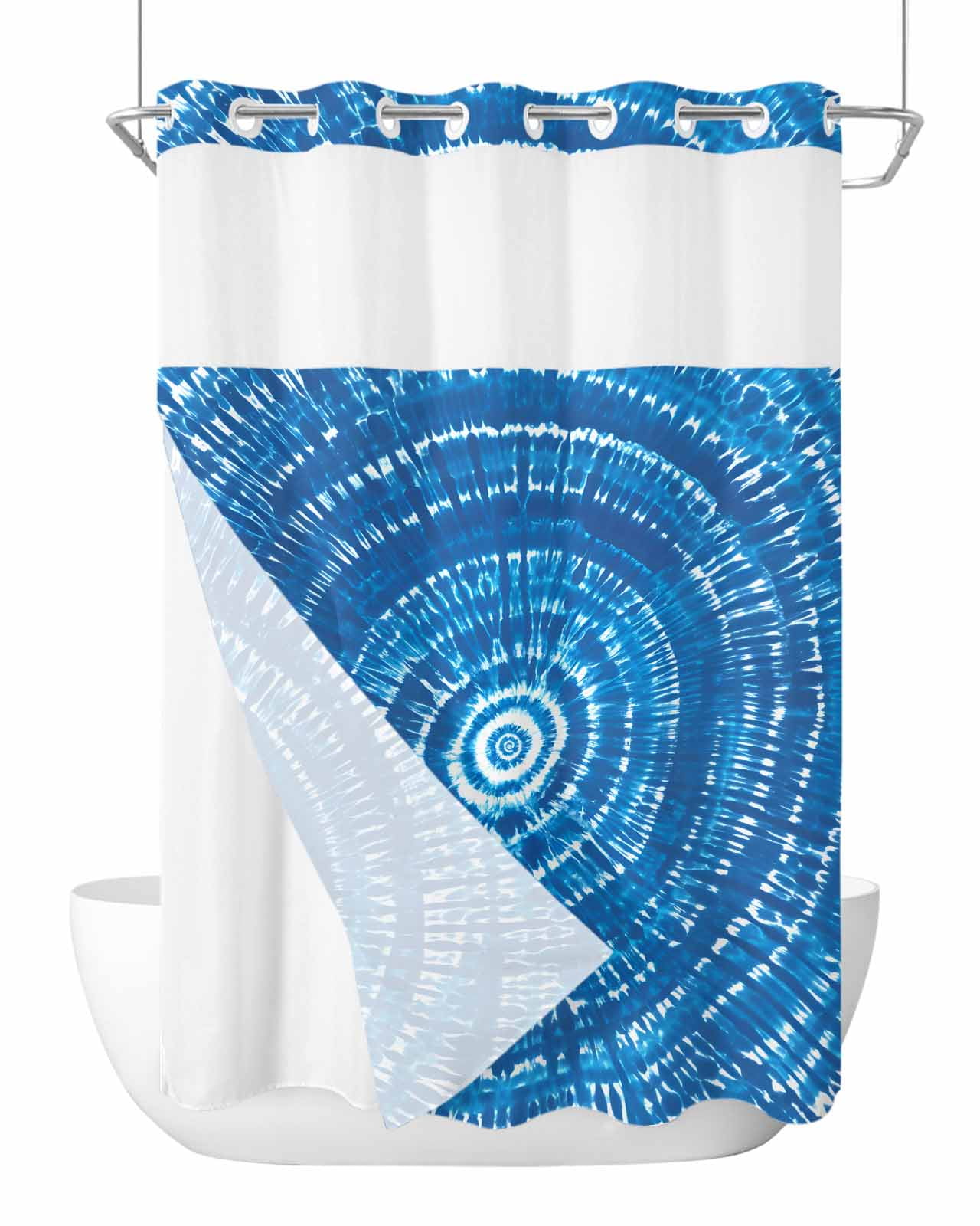 No Hook Shower Curtain with Snap-in Liner, Blue Boho Geometric ...
