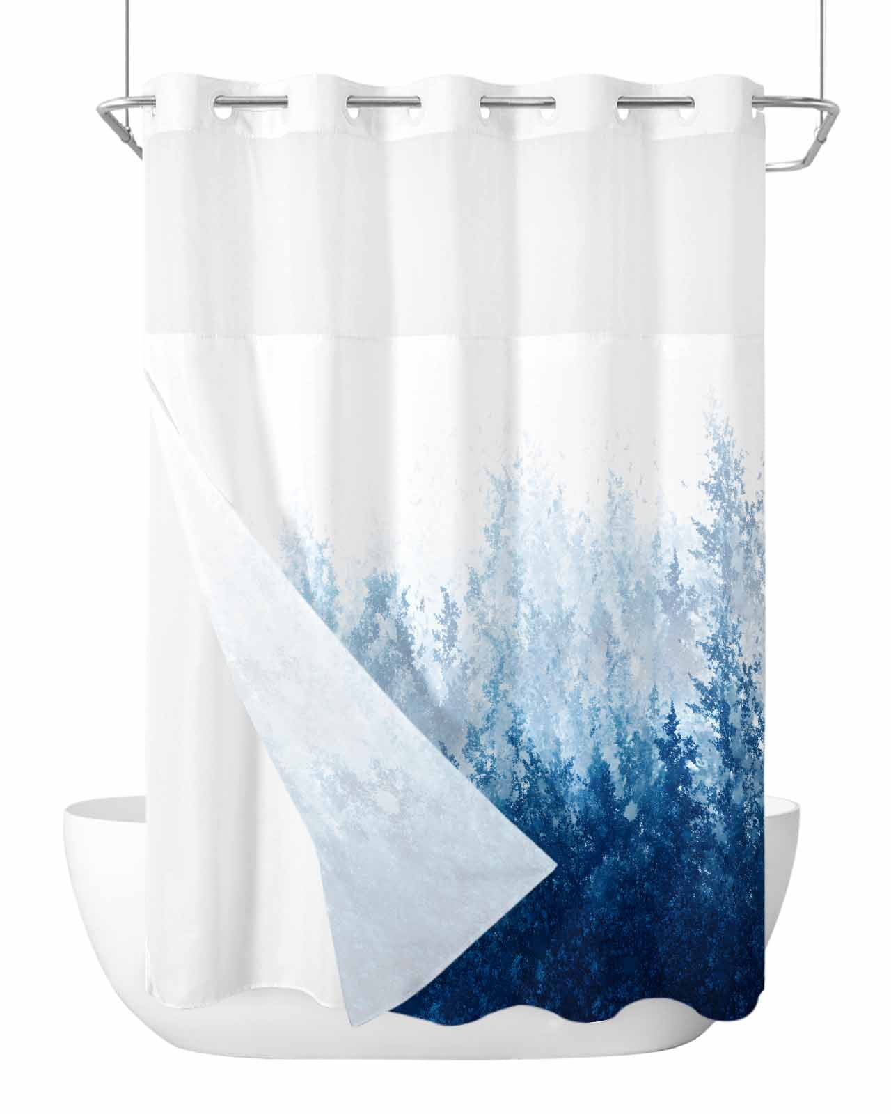 No Hook Shower Curtain with Snap-in Liner, Blue Botanical Waterproof ...