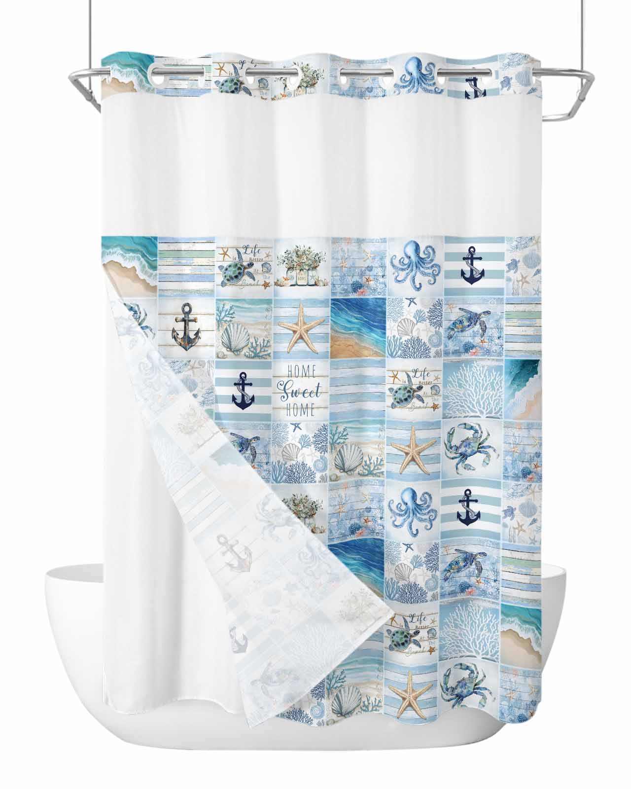 No Hook Shower Curtain with Snap-in Liner, Blue Coastal Waterproof ...