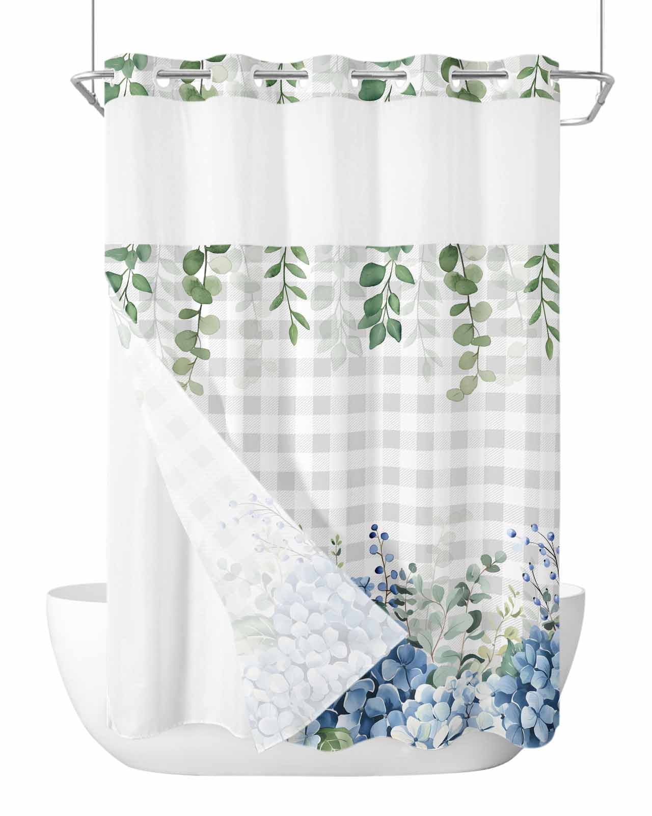 No Hook Shower Curtain with Snap-in Liner, Blue Flower Waterproof ...
