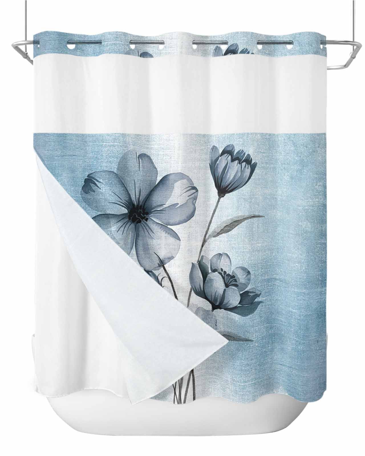 No Hook Shower Curtain with Snap-in Liner, Blue Flower Waterproof ...