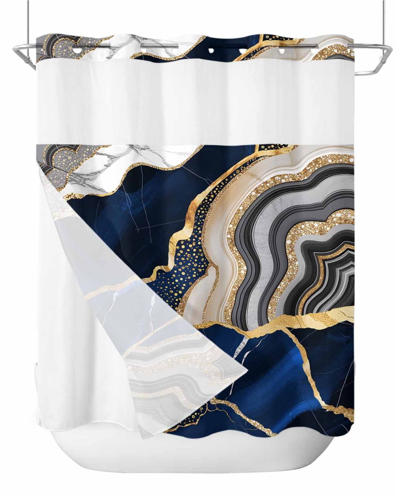 No Hook Shower Curtain with Snap-in Liner, Blue Marble Waterproof ...