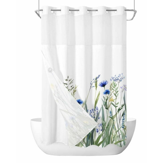 No Hook Shower Curtain with Snap-in Liner, Botanical Flower Waterproof ...