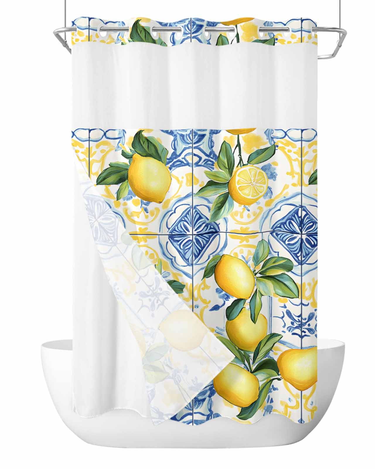 No Hook Shower Curtain with Snap-in Liner, Botanical Lemon Waterproof ...