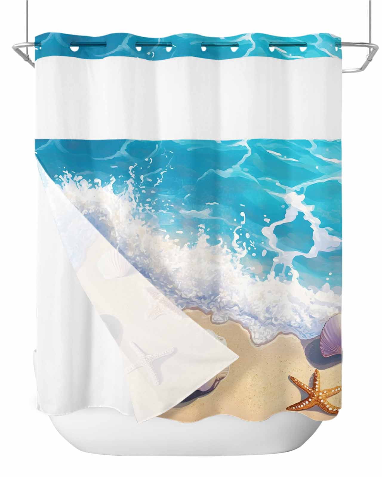 No Hook Shower Curtain with Snap-in Liner, Coastal Beach Waterproof ...